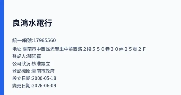 良鴻水電行的照片-統編 17965560(臺南市) 公司登記資料與營業項目詳細圖表