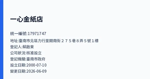 一心金紙店的照片-統編 17971747(臺南市) 公司登記資料與營業項目詳細圖表