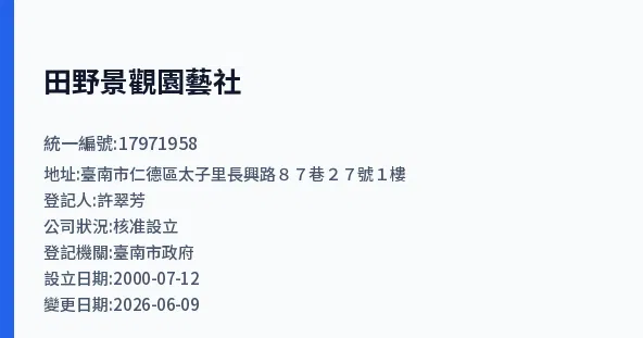 田野景觀園藝社的照片-統編 17971958(臺南市) 公司登記資料與營業項目詳細圖表