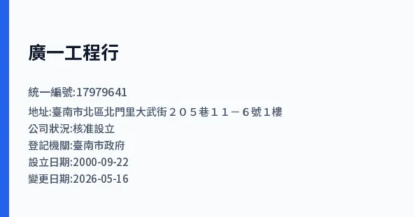 廣一工程行的照片-統編 17979641(臺南市) 公司登記資料與營業項目詳細圖表