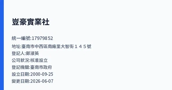 豈豪實業社的照片-統編 17979852(臺南市) 公司登記資料與營業項目詳細圖表