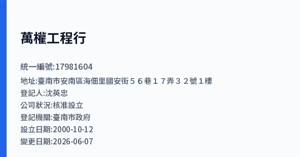 萬權工程行的照片-統編 17981604(臺南市) 公司登記資料與營業項目詳細圖表