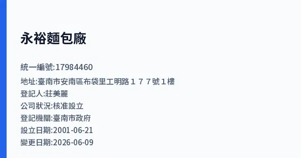 永裕麵包廠的照片-統編 17984460(臺南市) 公司登記資料與營業項目詳細圖表