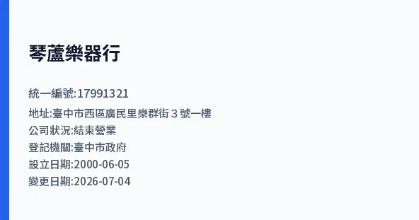 琴蘆樂器行的照片-統編 17991321(臺中市) 公司登記資料與營業項目詳細圖表