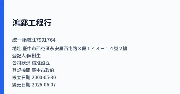 鴻鄴工程行的照片-統編 17991764(臺中市) 公司登記資料與營業項目詳細圖表