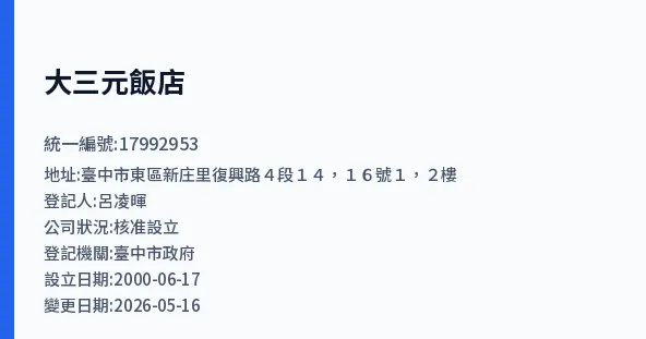 大三元飯店的照片-統編 17992953(臺中市) 公司登記資料與營業項目詳細圖表