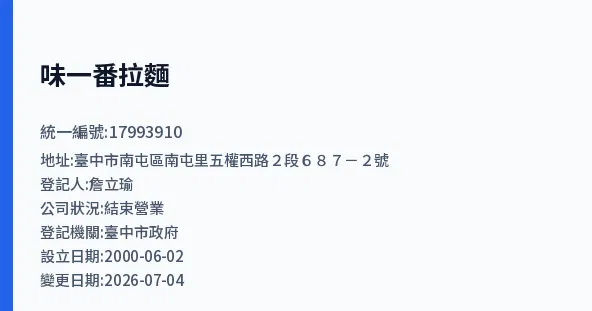 味一番拉麵的照片-統編 17993910(臺中市) 公司登記資料與營業項目詳細圖表