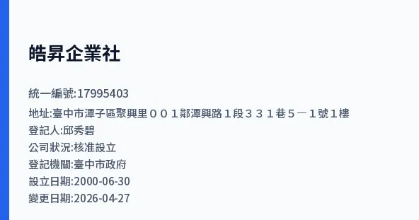 皓昇企業社的照片-統編 17995403(臺中市) 公司登記資料與營業項目詳細圖表