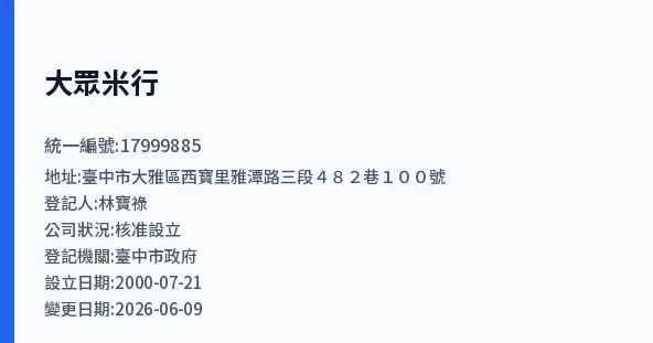 大眾米行的照片-統編 17999885(臺中市) 公司登記資料與營業項目詳細圖表