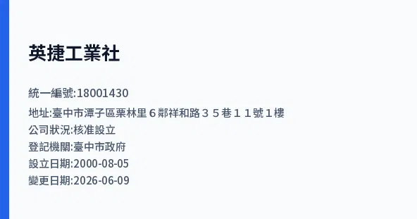 英捷工業社的照片-統編 18001430(臺中市) 公司登記資料與營業項目詳細圖表