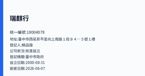 瑞麒行的照片-統編 18004078(臺中市) 公司登記資料與營業項目詳細圖表