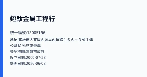 錏鈦金屬工程行的照片-統編 18005196(高雄市) 公司登記資料與營業項目詳細圖表