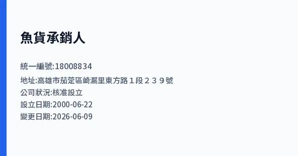 魚貨承銷人的照片-統編 18008834(高雄市) 公司登記資料與營業項目詳細圖表