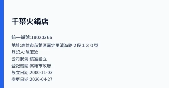 千葉火鍋店的照片-統編 18020366(高雄市) 公司登記資料與營業項目詳細圖表