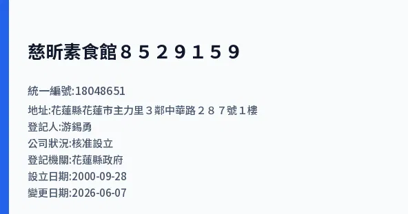 慈昕素食館8529159的照片-統編 18048651(花蓮縣) 公司登記資料與營業項目詳細圖表