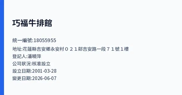 巧福牛排館的照片-統編 18055955(花蓮縣) 公司登記資料與營業項目詳細圖表