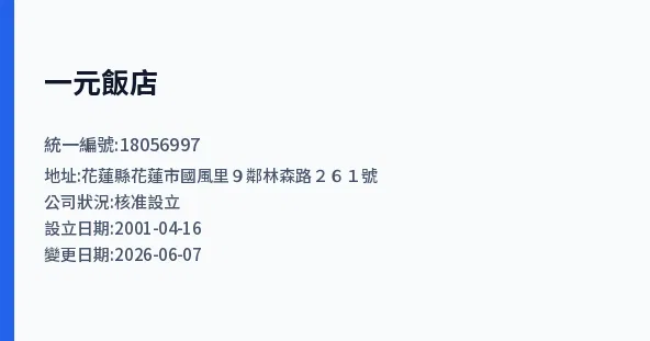 一元飯店的照片-統編 18056997(花蓮縣) 公司登記資料與營業項目詳細圖表