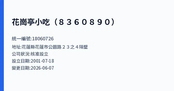 花崗亭小吃(8360890)的照片-統編 18060726(花蓮縣) 公司登記資料與營業項目詳細圖表