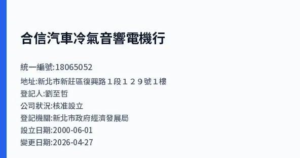 合信汽車冷氣音響電機行的照片-統編 18065052(新北市) 公司登記資料與營業項目詳細圖表