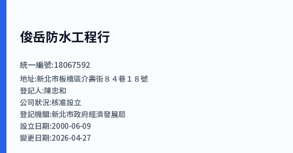 俊岳防水工程行的照片-統編 18067592(新北市) 公司登記資料與營業項目詳細圖表