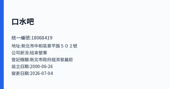 口水吧的照片-統編 18068419(新北市) 公司登記資料與營業項目詳細圖表