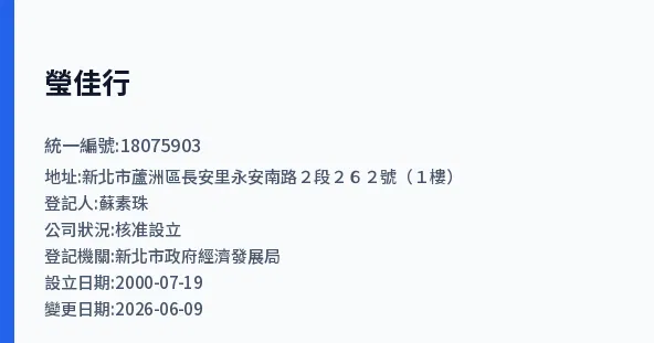 瑩佳行的照片-統編 18075903(新北市) 公司登記資料與營業項目詳細圖表