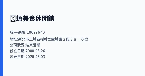 鮳蝦美食休閒館的照片-統編 18077640(新北市) 公司登記資料與營業項目詳細圖表