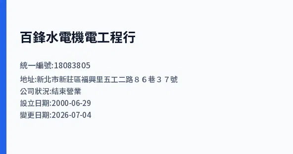 百鋒水電機電工程行的照片-統編 18083805(新北市) 公司登記資料與營業項目詳細圖表