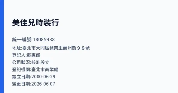 美佳兒時裝行的照片-統編 18085938(臺北市) 公司登記資料與營業項目詳細圖表
