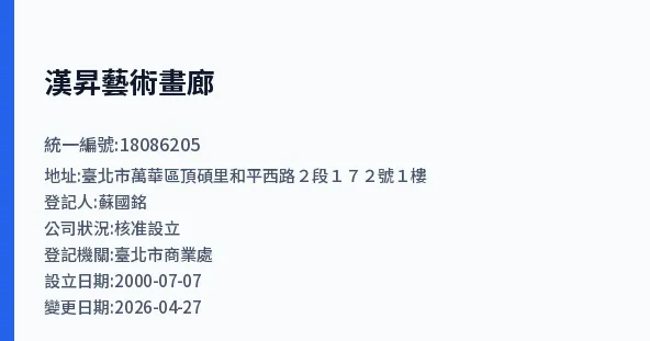 漢昇藝術畫廊的照片-統編 18086205(臺北市) 公司登記資料與營業項目詳細圖表