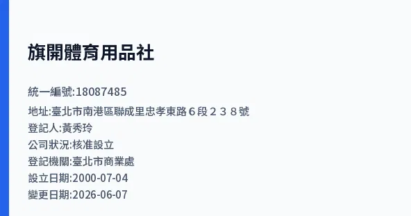 旗開體育用品社的照片-統編 18087485(臺北市) 公司登記資料與營業項目詳細圖表