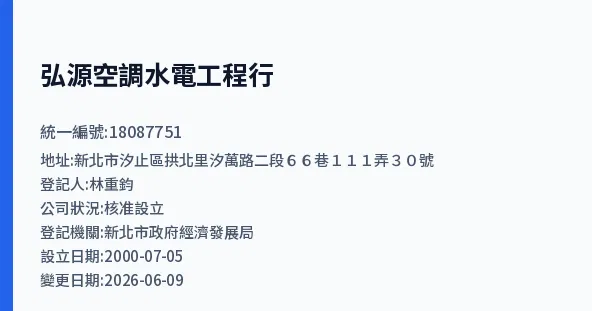 弘源空調水電工程行的照片-統編 18087751(新北市) 公司登記資料與營業項目詳細圖表