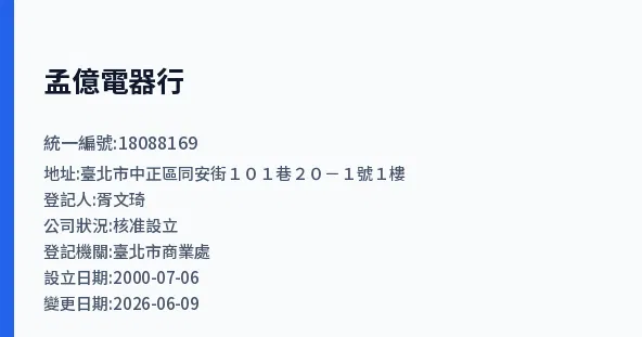 孟億電器行的照片-統編 18088169(臺北市) 公司登記資料與營業項目詳細圖表