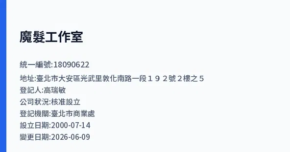 魔髮工作室的照片-統編 18090622(臺北市) 公司登記資料與營業項目詳細圖表