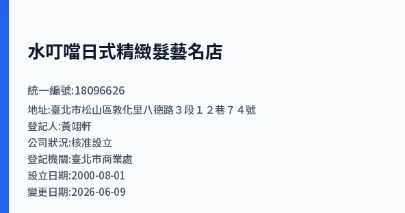 水叮噹日式精緻髮藝名店的照片-統編 18096626(臺北市) 公司登記資料與營業項目詳細圖表