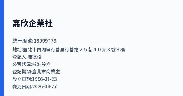 嘉欣企業社的照片-統編 18099779(臺北市) 公司登記資料與營業項目詳細圖表