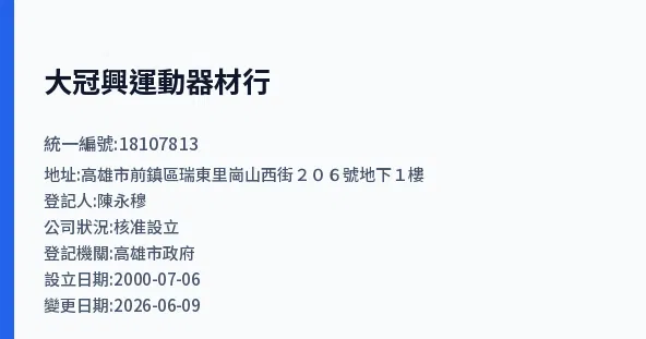 大冠興運動器材行的照片-統編 18107813(高雄市) 公司登記資料與營業項目詳細圖表