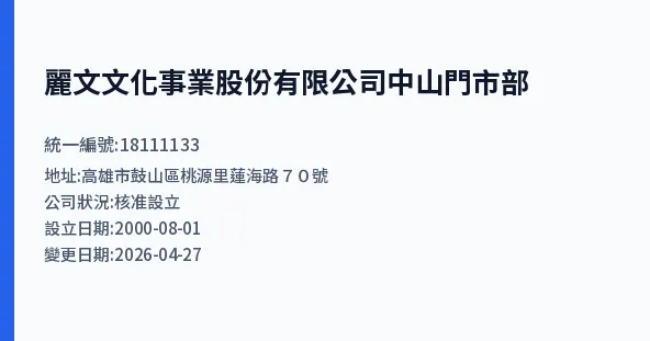 麗文文化事業股份有限公司中山門市部的照片-統編 18111133(高雄市) 公司登記資料與營業項目詳細圖表