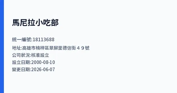 馬尼拉小吃部的照片-統編 18113688(高雄市) 公司登記資料與營業項目詳細圖表