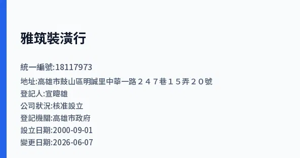 雅筑裝潢行的照片-統編 18117973(高雄市) 公司登記資料與營業項目詳細圖表