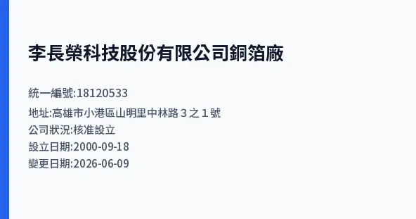 李長榮科技股份有限公司銅箔廠的照片-統編 18120533(高雄市) 公司登記資料與營業項目詳細圖表