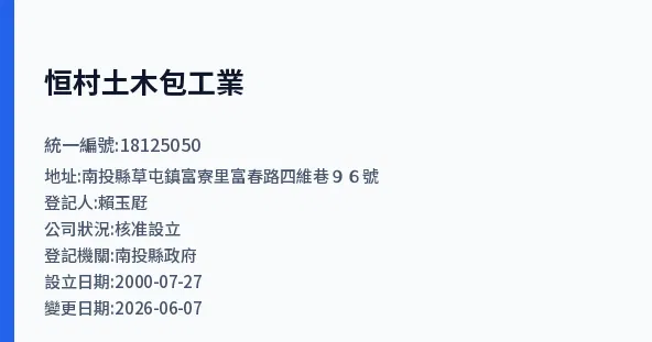 恒村土木包工業的照片-統編 18125050(南投縣) 公司登記資料與營業項目詳細圖表