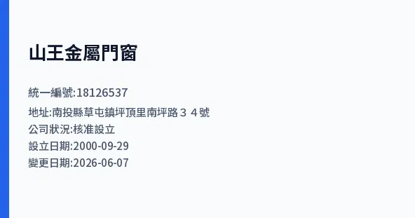 山王金屬門窗的照片-統編 18126537(南投縣) 公司登記資料與營業項目詳細圖表