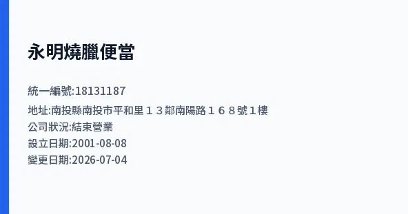 永明燒臘便當的照片-統編 18131187(南投縣) 公司登記資料與營業項目詳細圖表