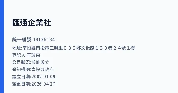 匯通企業社的照片-統編 18136134(南投縣) 公司登記資料與營業項目詳細圖表