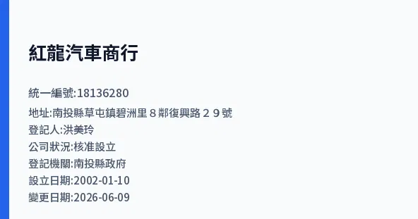 紅龍汽車商行的照片-統編 18136280(南投縣) 公司登記資料與營業項目詳細圖表
