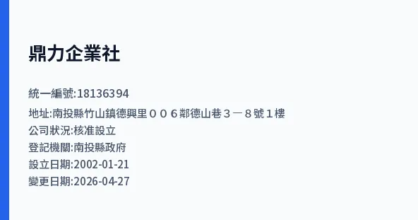 鼎力企業社的照片-統編 18136394(南投縣) 公司登記資料與營業項目詳細圖表
