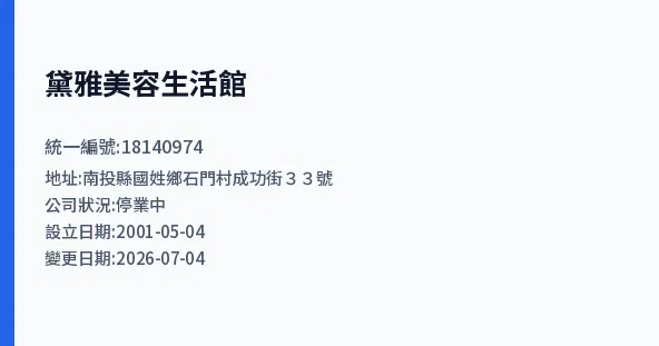 黛雅美容生活館的照片-統編 18140974(南投縣) 公司登記資料與營業項目詳細圖表