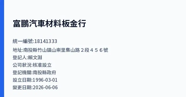 富鵬汽車材料板金行的照片-統編 18141333(南投縣) 公司登記資料與營業項目詳細圖表