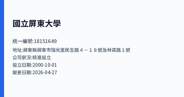 國立屏東大學的照片-統編 18151649(屏東縣) 公司登記資料與營業項目詳細圖表